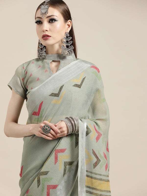 description saree mall geometric linen blend saree with printed border ...