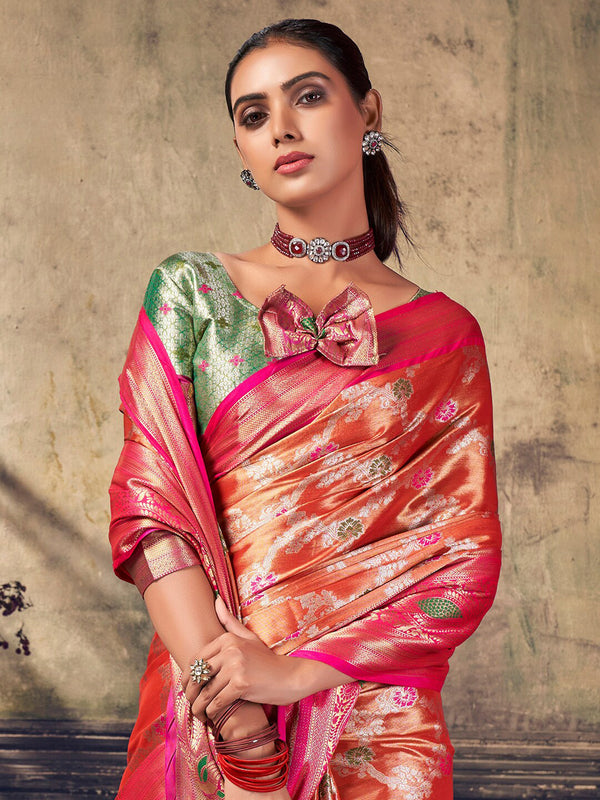 Buy Sangria Rust Ethnic Woven-Designed Festive Saree With Blouse Piece ...