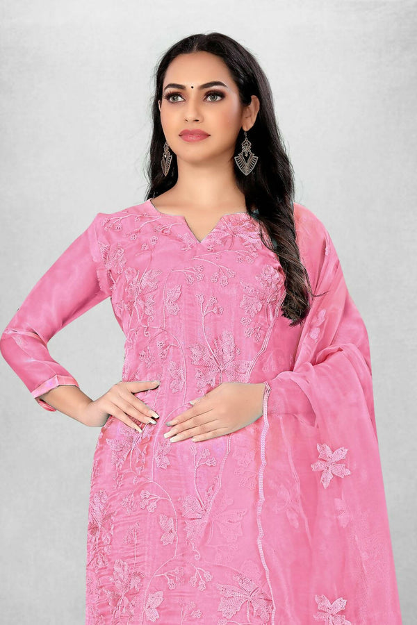 Buy Pink Heavy Organza Silk Embroidered Unstitched Dress Material ...