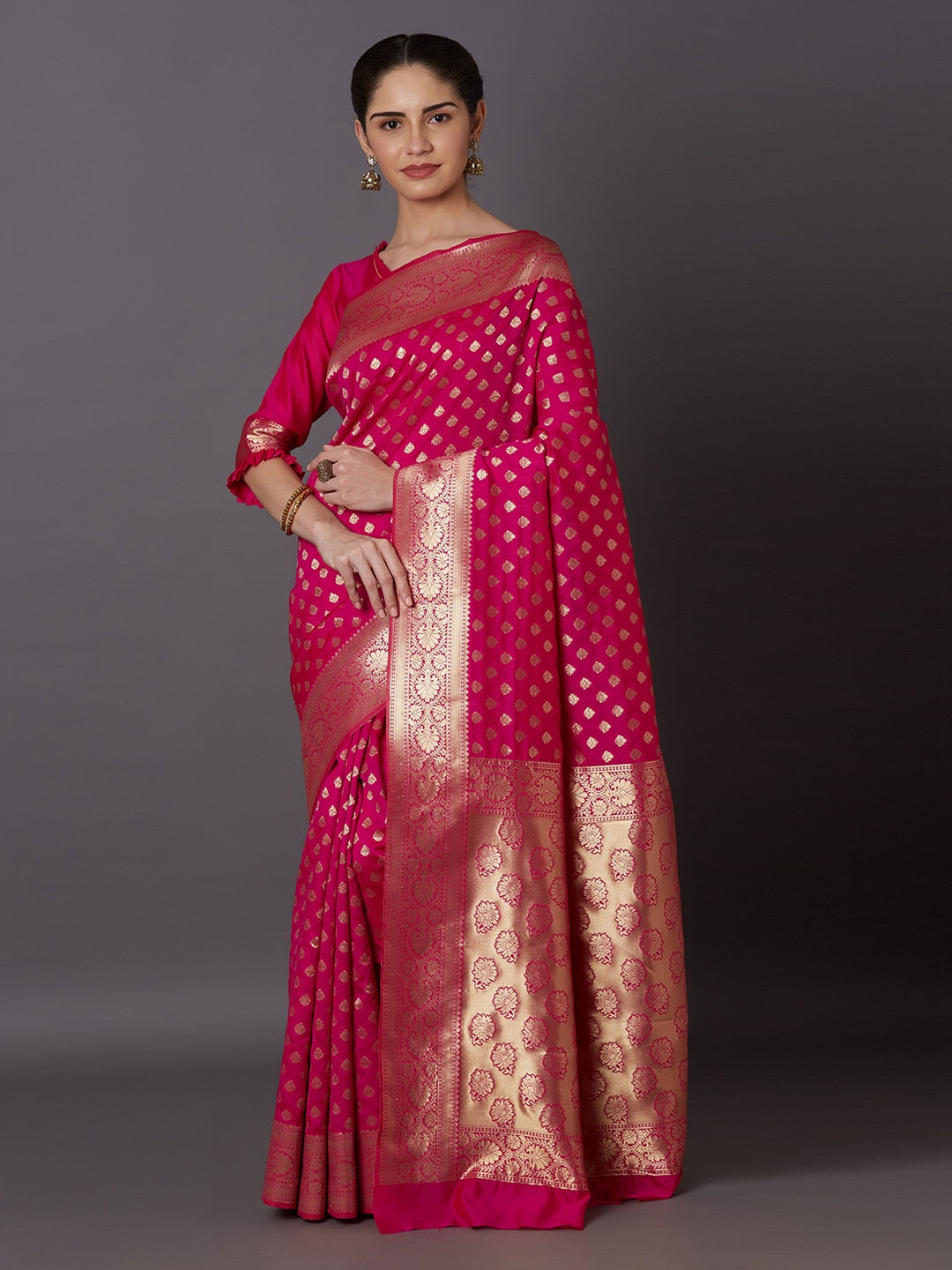 Buy Mitera Pink & Gold-Toned Silk Blend Woven Design Kanjeevaram Saree ...