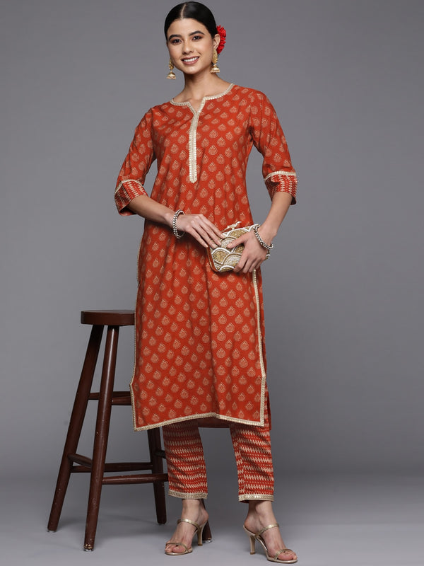 description libas women rust red golden ethnic motifs printed kurta ...