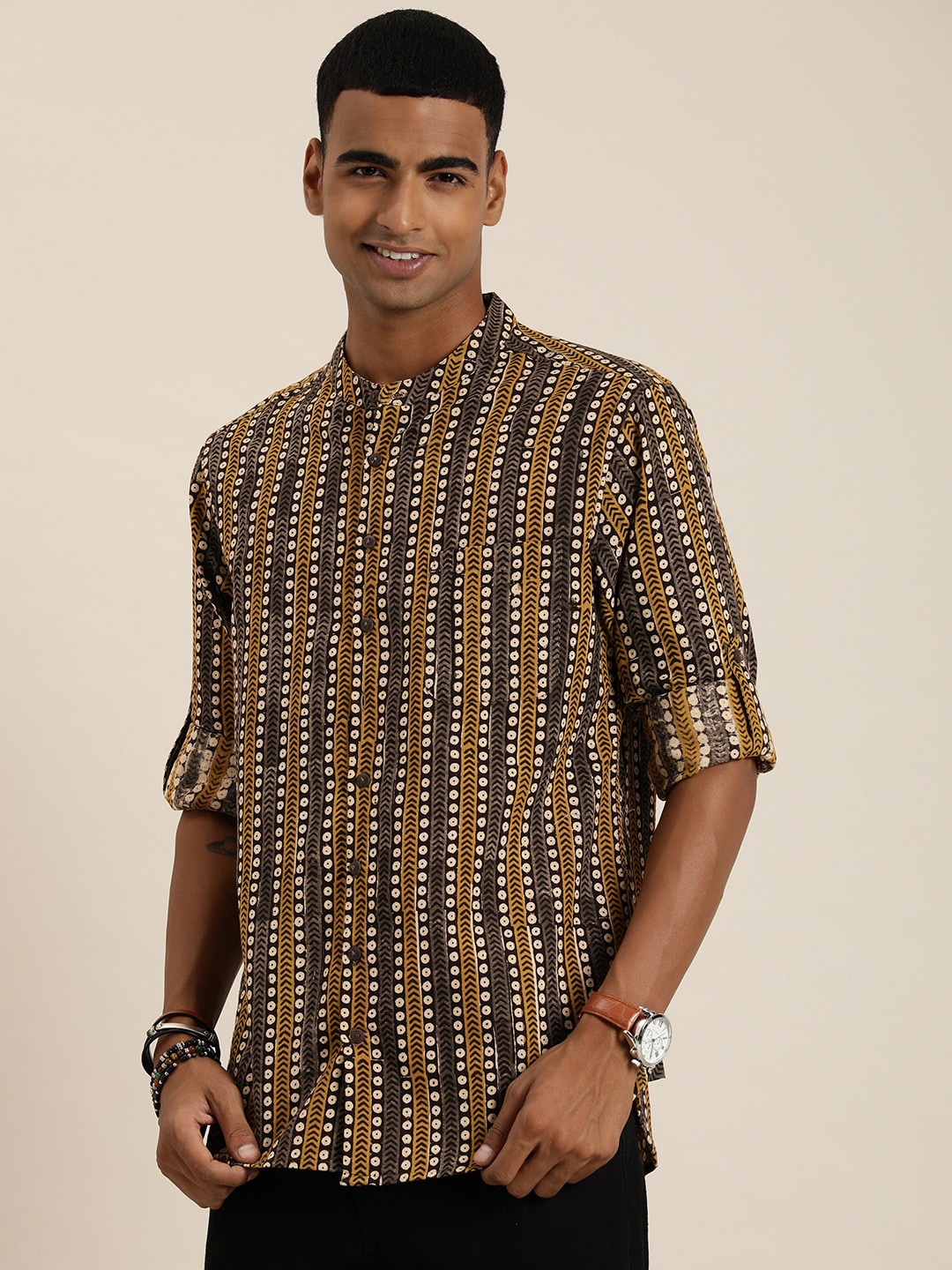 description taavi bagru geometric striped pure cotton casual shirt ...