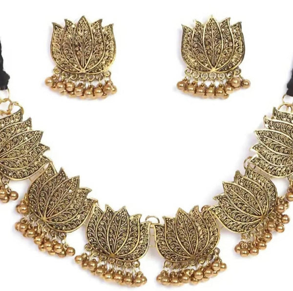Mominos Fashion Oxidised Lotus Design Golden Color Necklace Choker Set