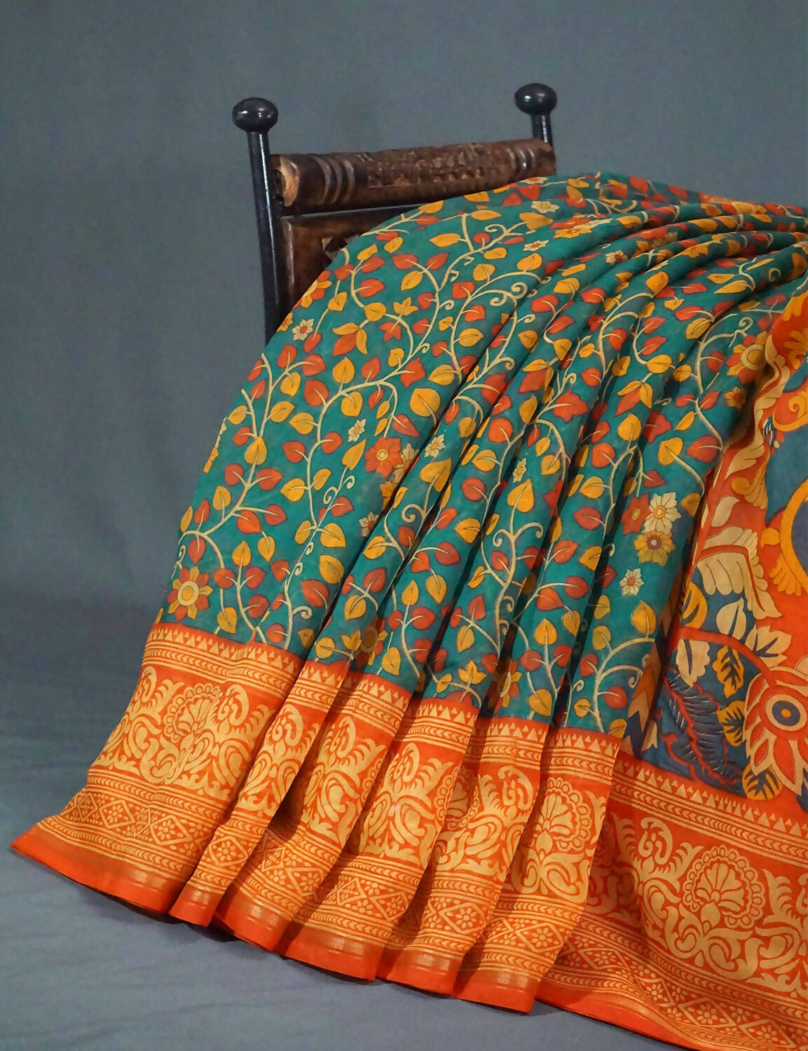 Buy Shades Of Rama Green Kalamkaari Design Semi Chanderi Saree With ...