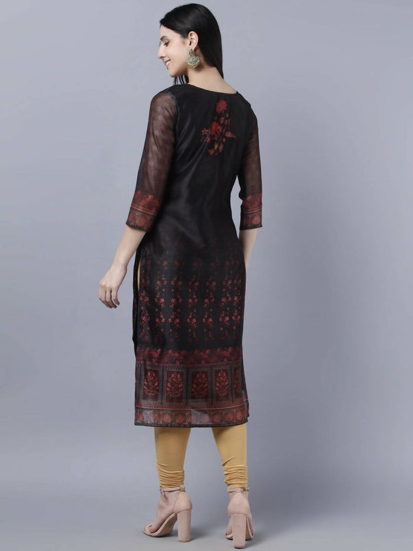 description myshka women black red floral printed chanderi silk kurta ...