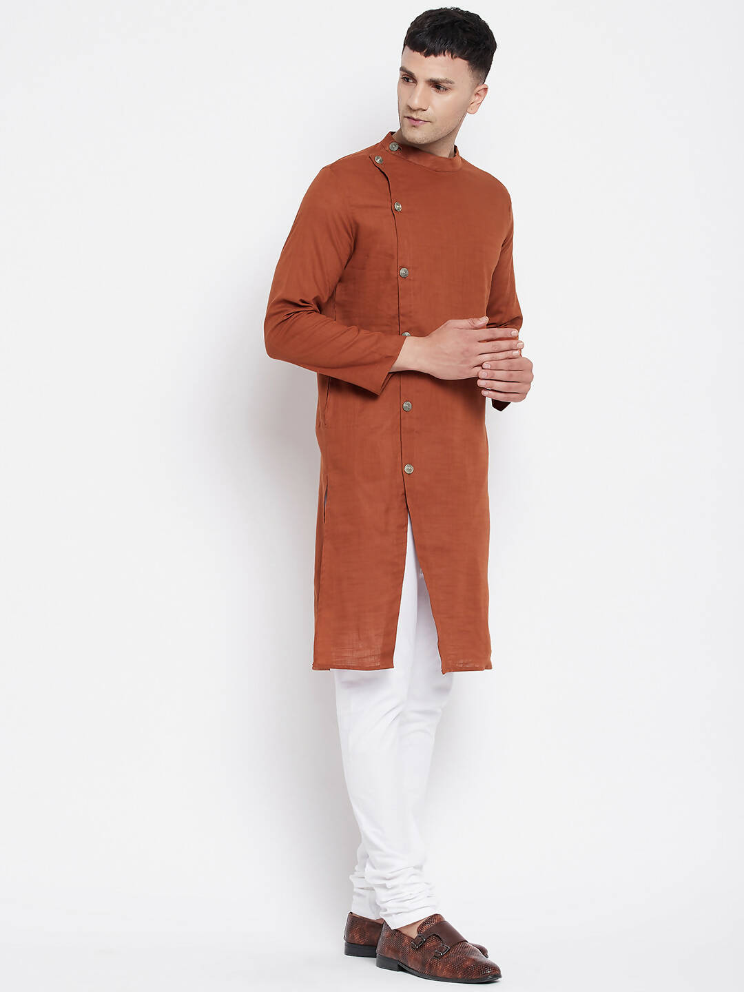 Even Apparels Brown Pure Cotton Men's Sherwani Kurta With Asymetrical