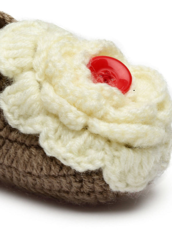Buy Chutput Kids Woollen Hand Knitted Flower Detailed Booties - Brown ...