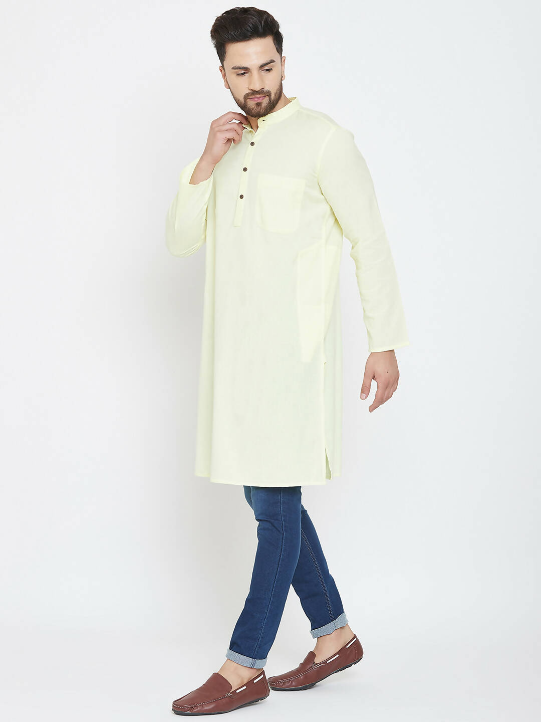 Even Apparels Yellow Color Men's Pure Cotton Kurta With Band Collar